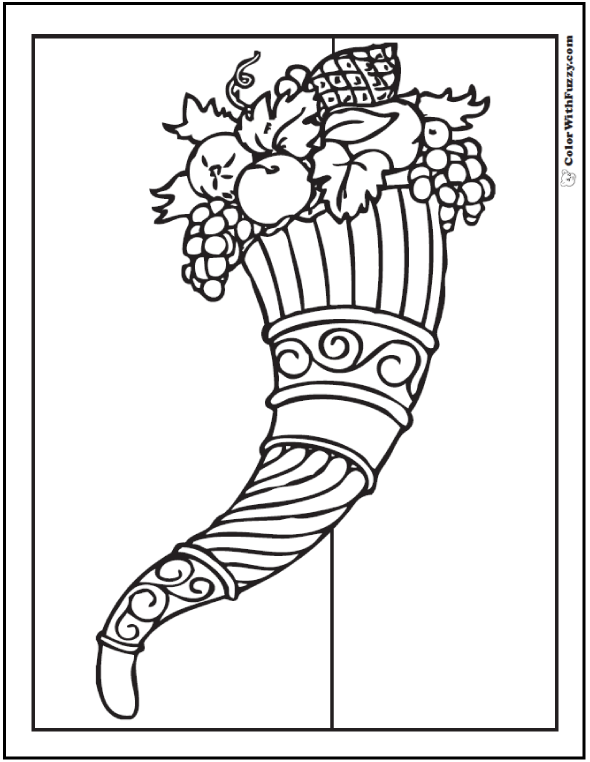 Cornucopia Coloring Picture: Pomegranate, Pine Cone